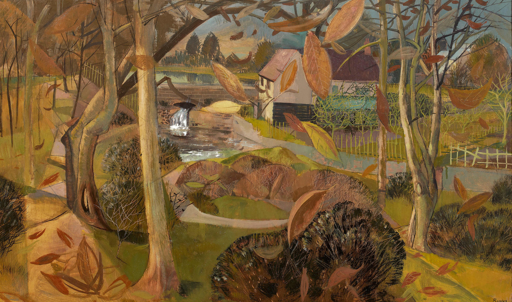 Bruce Barnden (1925-2009) Modern British artist 'The Mill House, Autumn ...